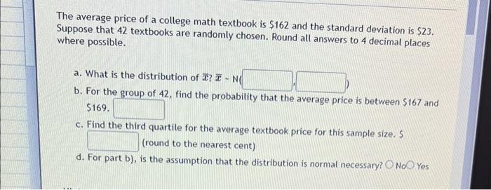 Solved The average price of a college math textbook is $162 | Chegg.com