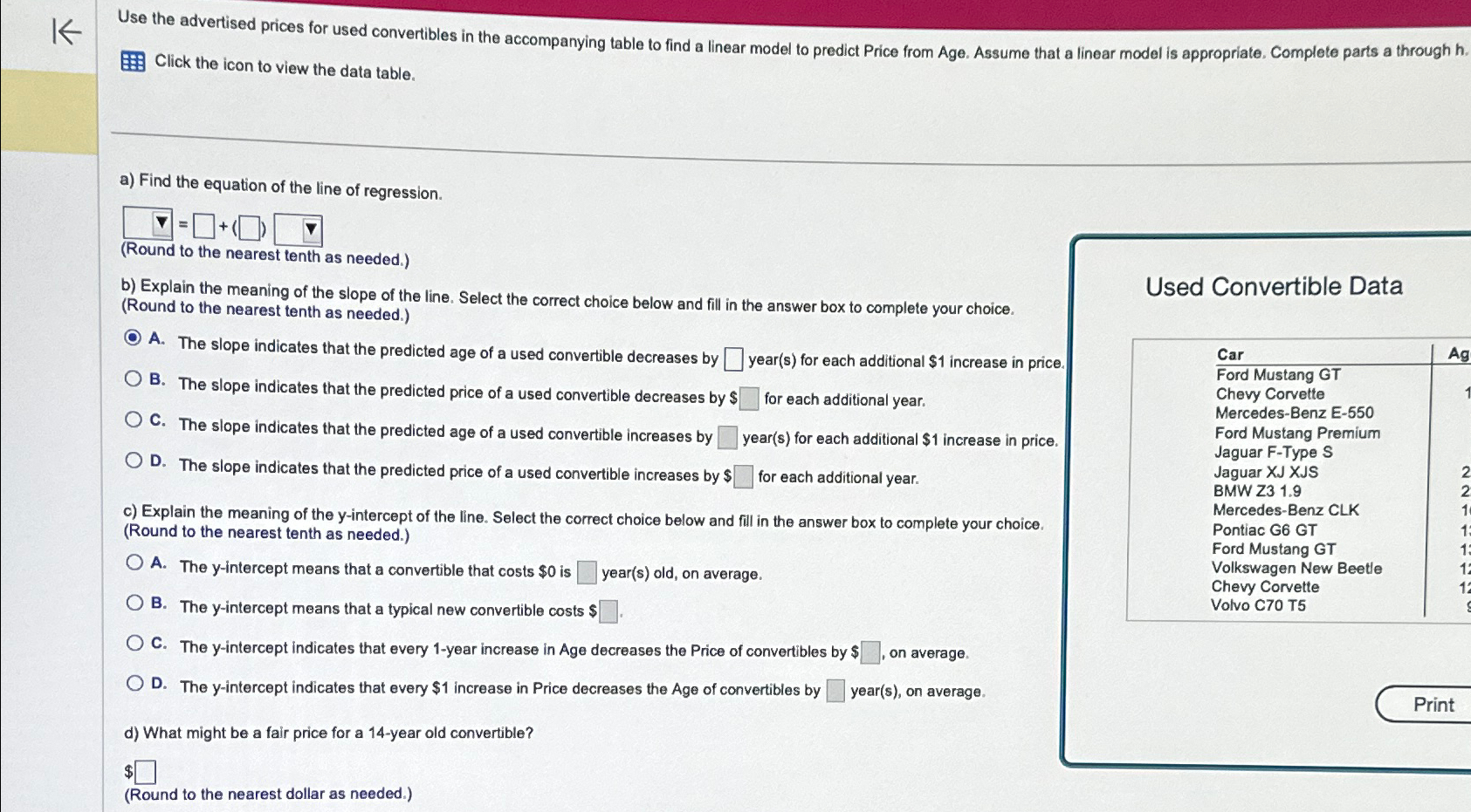 Use the advertised prices for used convertibles in | Chegg.com