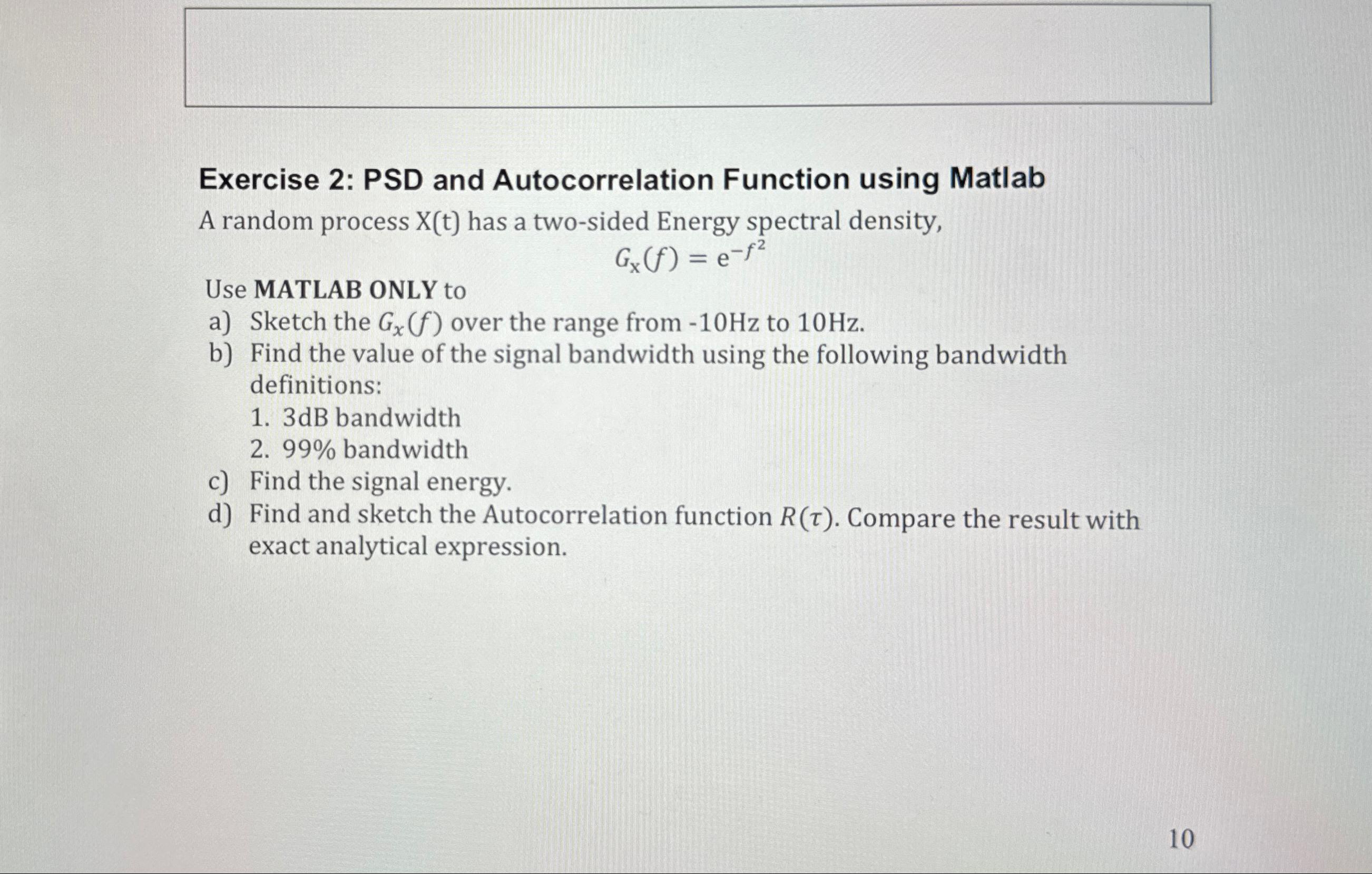 Solved Exercise 2 Psd And Autocorrelation Function Using