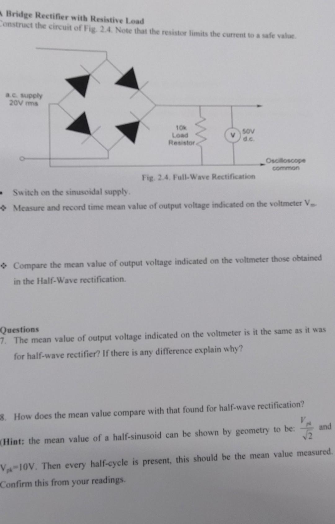 Solved Bridge Rectifier with Resistive Load Construct the | Chegg.com