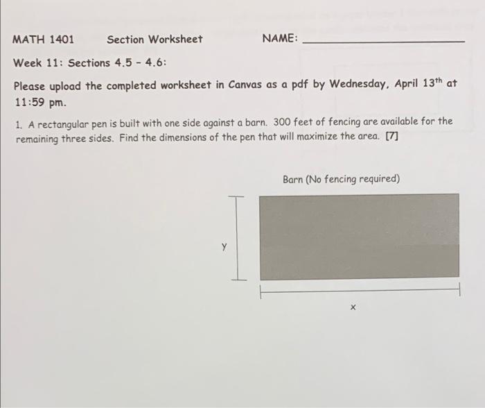 Solved MATH 1401 Section Worksheet NAME: Week 11: Sections | Chegg.com