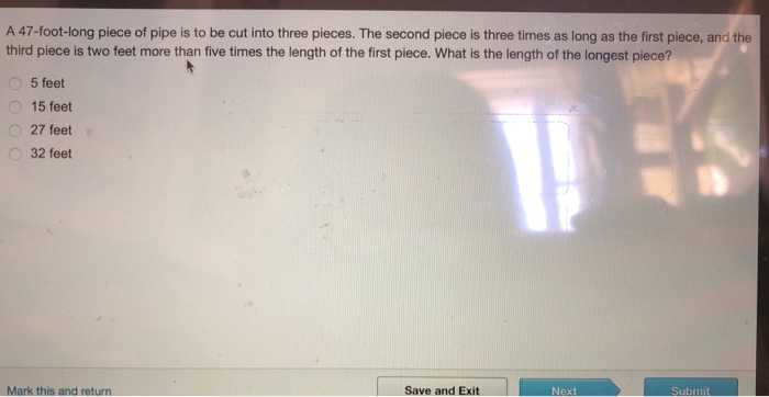 Solved A 47 foot long piece of pipe is to be cut into three | Chegg.com