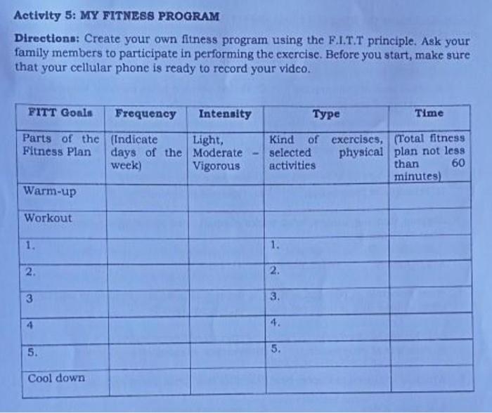 Solved Activlty 5: MY FITNESS PROGRAM Directions: Create | Chegg.com