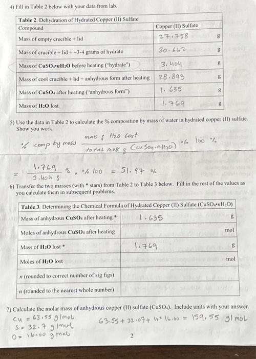 Solved 4) Fill in Table 2 below with your data from lab. 5) | Chegg.com