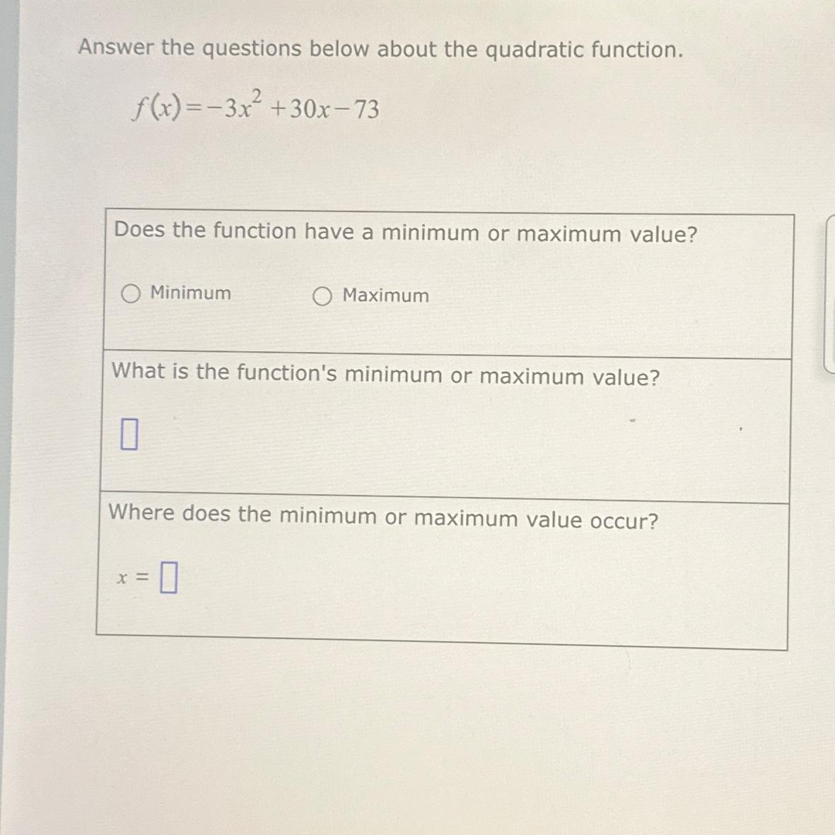 Answer the questions below about the quadratic | Chegg.com