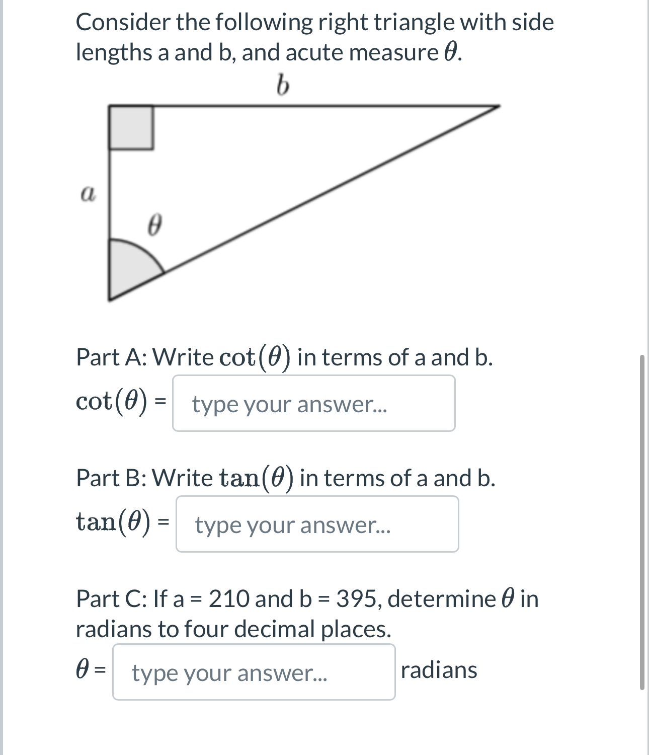 Solved Consider the following right triangle with side | Chegg.com