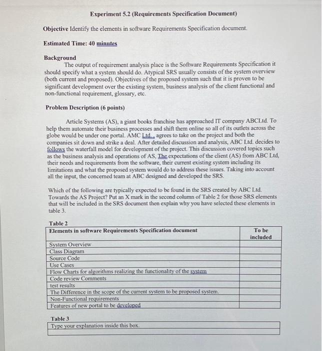 Solved Experiment 5.2 (Requirements Specification Document) | Chegg.com