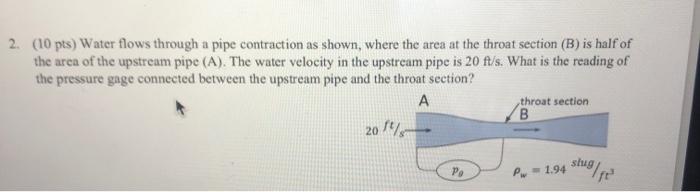 Solved 2. (10 pts) Water flows through a pipe contraction as | Chegg.com
