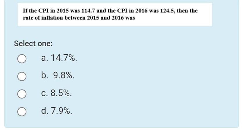 Solved If the CPI in 2015 ﻿was 114.7 ﻿and the CPI in 2016 | Chegg.com