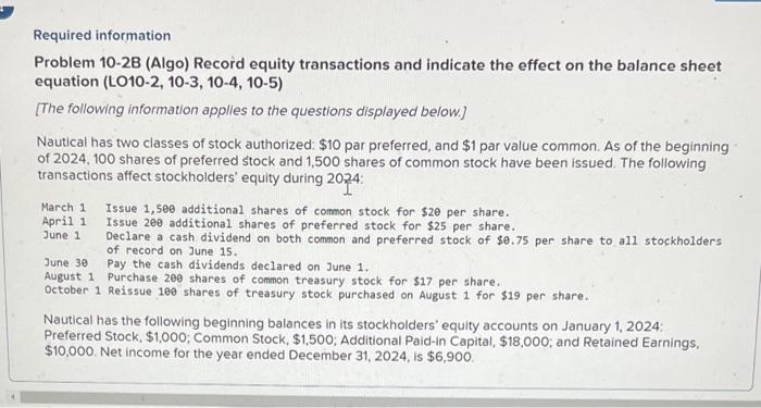 Solved Required information Problem 10-2B (Algo) Record | Chegg.com