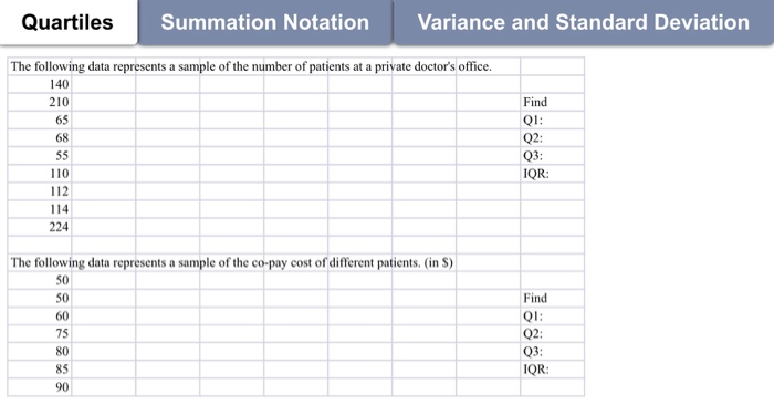 Solved Quartiles Summation Notation Variance and Standard | Chegg.com