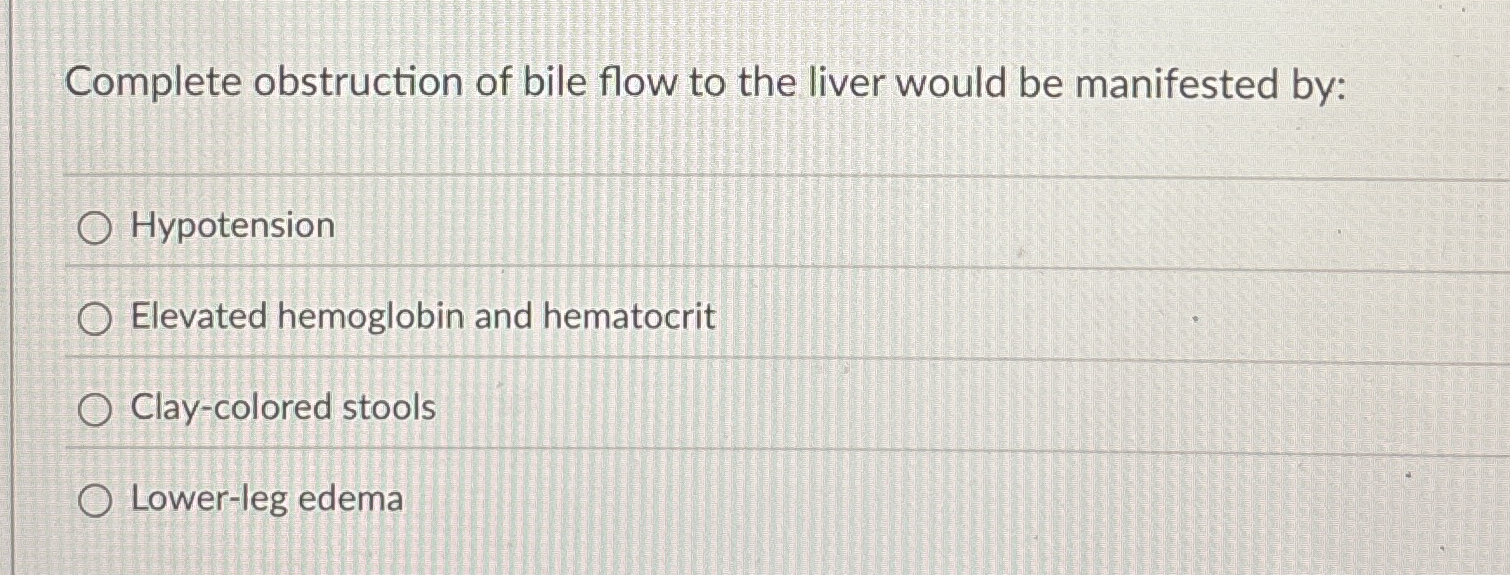 Solved Complete obstruction of bile flow to the liver would | Chegg.com