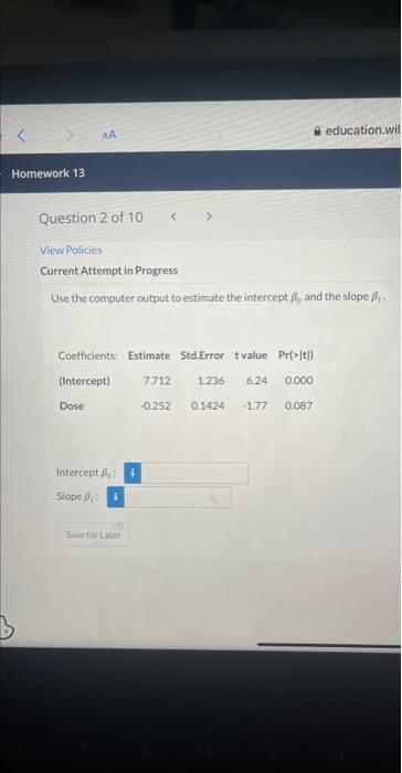 Solved Use The Computer Output To Estimate The Intercept β0 