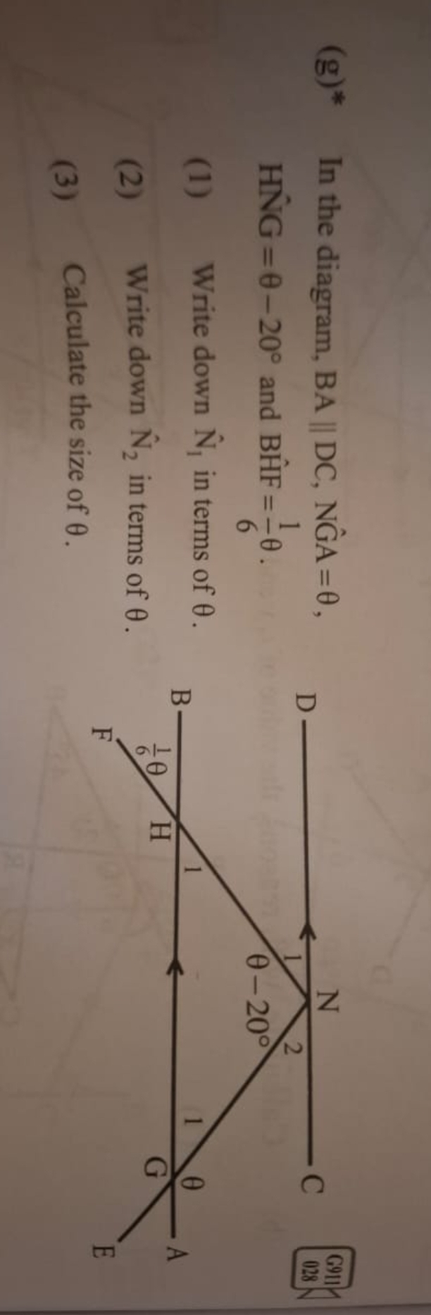 Solved (g)* ﻿In the diagram, BA||DC,NGA=θHNG=θ-20° ﻿and | Chegg.com