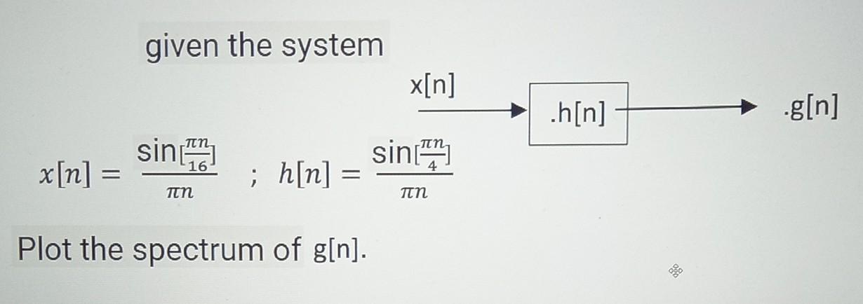 Solved given the system x[n]=πnsin(16πn];h[n]=πnsinn44 Plot | Chegg.com