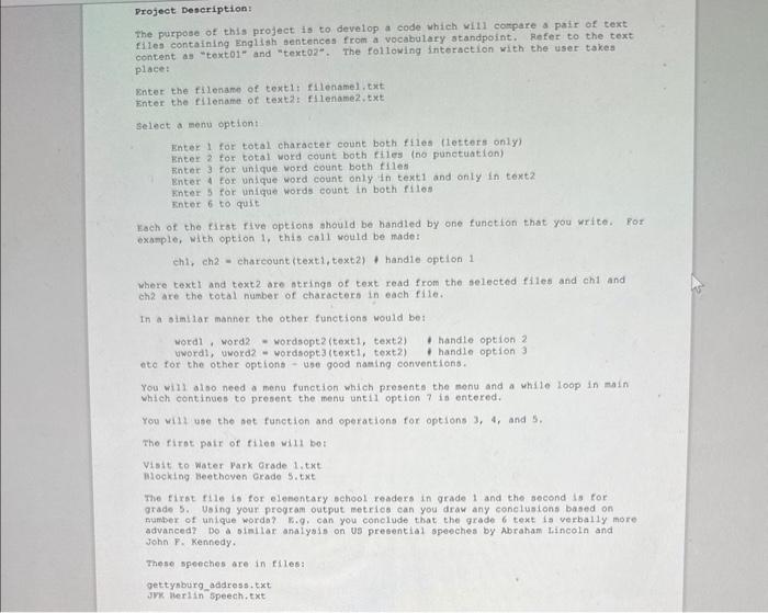 Solved Project Description: The purpose of this project is | Chegg.com