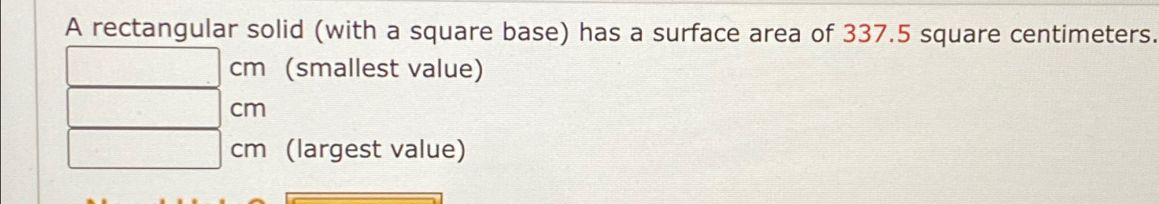 Solved A rectangular solid (with a square base) ﻿has a | Chegg.com
