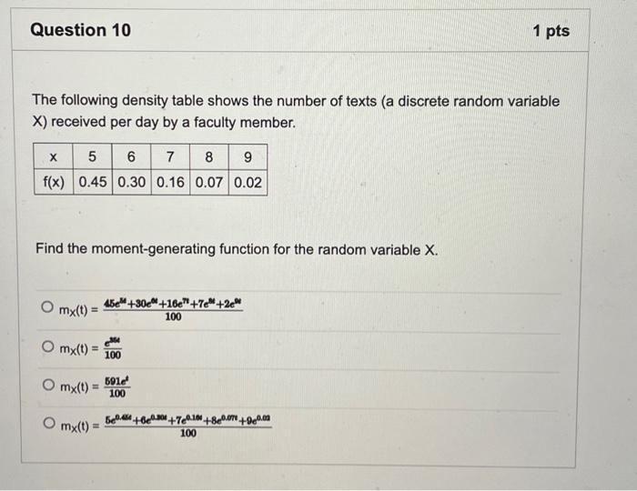 Solved The following density table shows the number of texts | Chegg.com