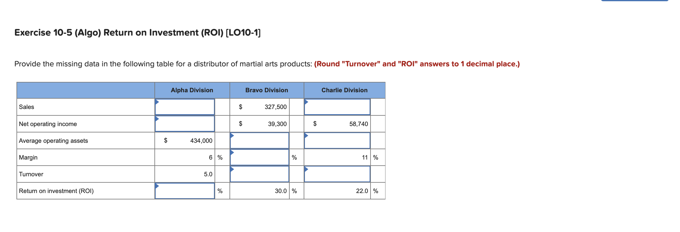 Solved Exercise 10-5 (Algo) ﻿Return on Investment | Chegg.com