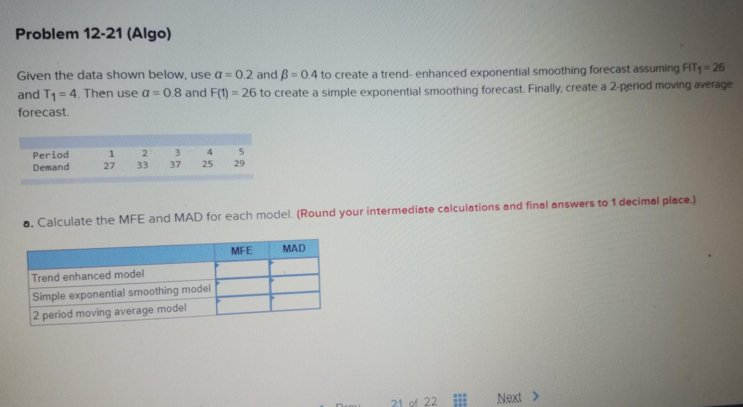 Solved Problem 12-21 (Algo) Given the data shown below, use | Chegg.com