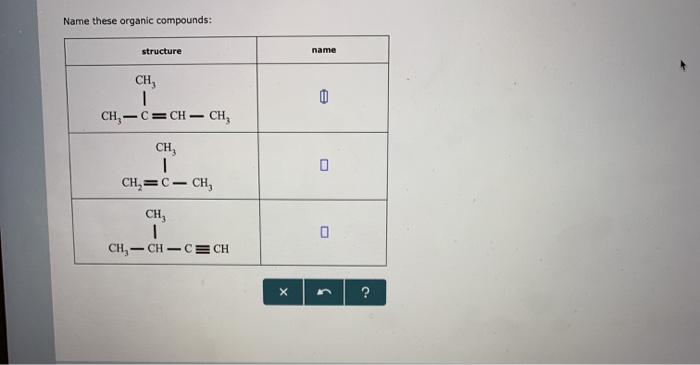 Solved Name these organic compounds: structure name CH CH, — | Chegg.com