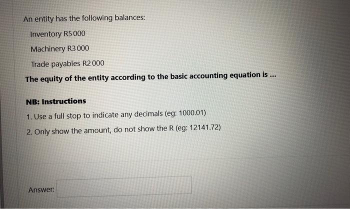 Solved An entity has the following balances: Inventory R5000 | Chegg.com