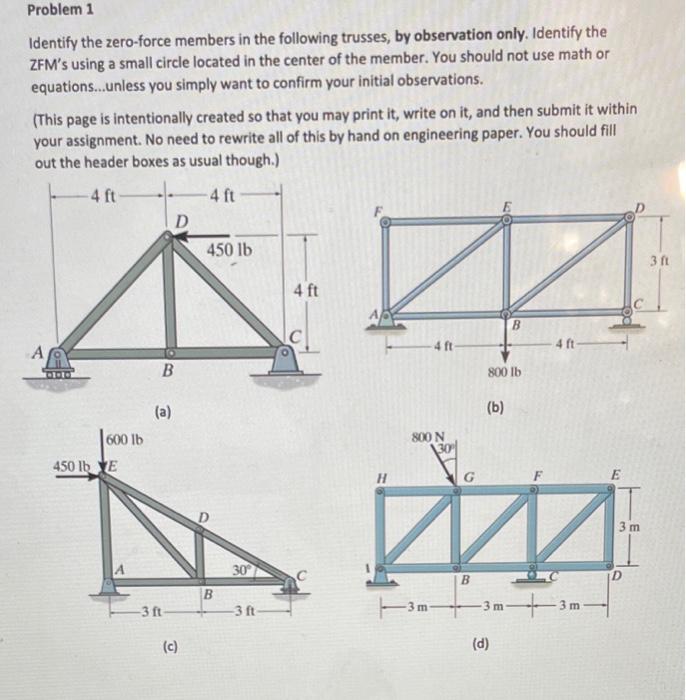 Solved Problem 1 Identify the zero-force members in the | Chegg.com