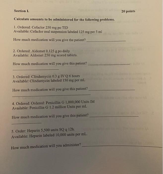 Solved Calculate amounts to be administered for the | Chegg.com