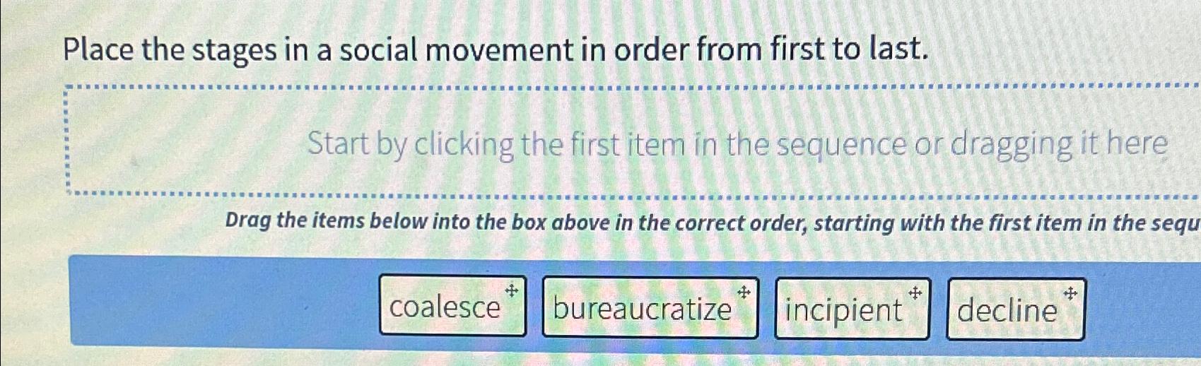 Solved Place the stages in a social movement in order from | Chegg.com