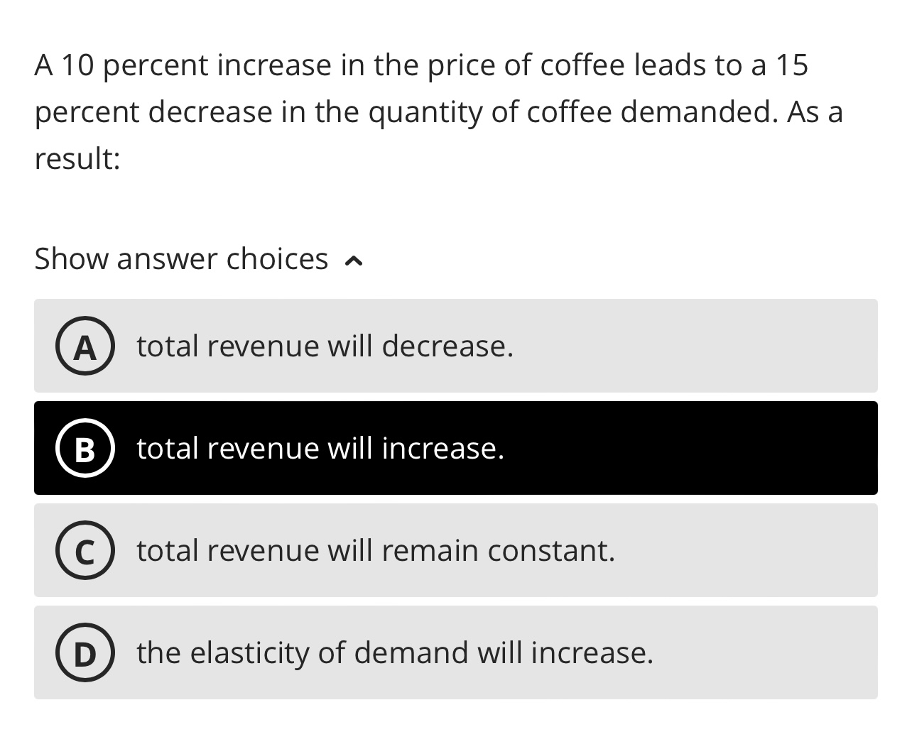 Solved A 10 ﻿percent increase in the price of coffee leads | Chegg.com