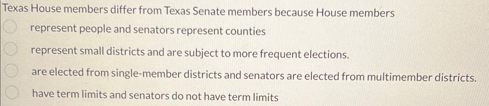 Solved Texas House members differ from Texas Senate members | Chegg.com