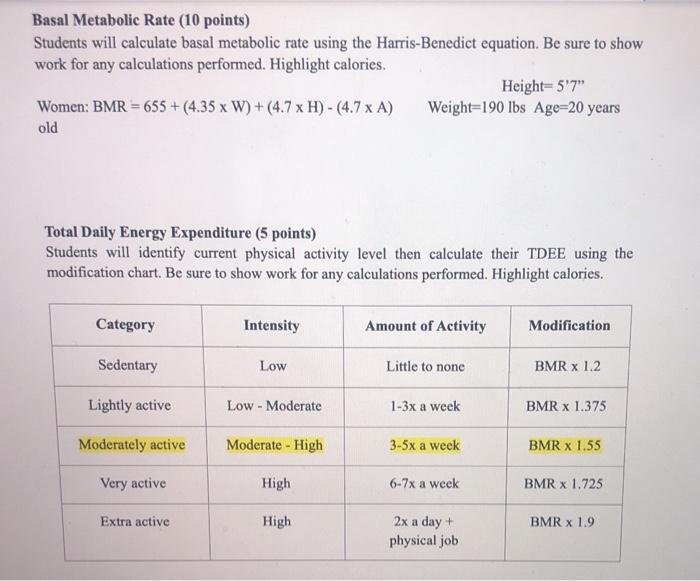 Basal Metabolic Rate (10 points) Students will | Chegg.com