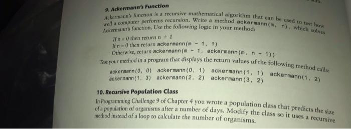 Solved 9. Ackermann's Function Ackermann's function is a | Chegg.com
