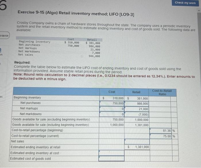 Solved Exercise 9-15 (Algo) Retail inventory method; LIFO | Chegg.com