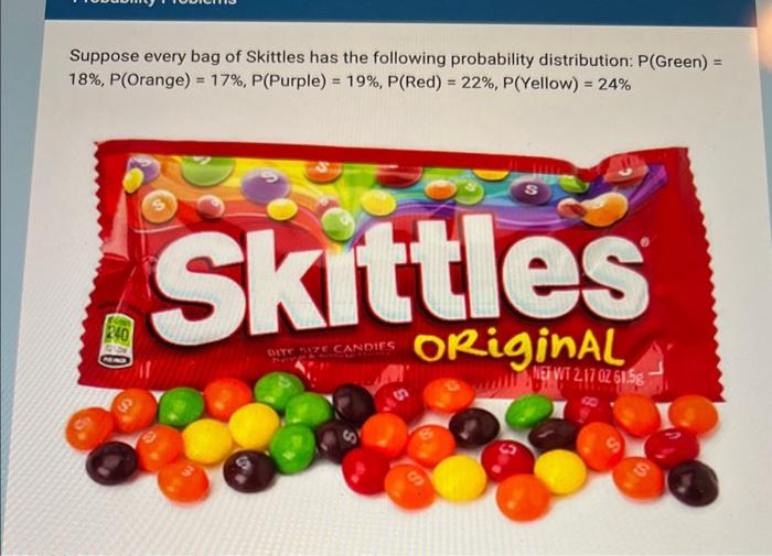 Solved Suppose every bag of Skittles has the following | Chegg.com