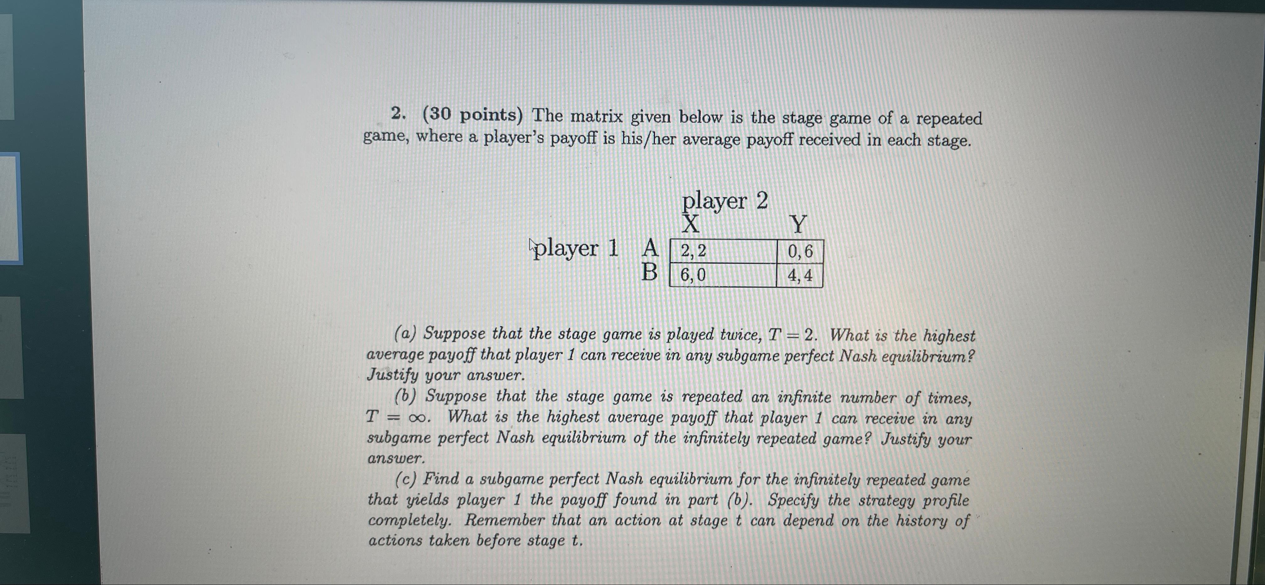 Solved (30 ﻿points) ﻿The matrix given below is the stage | Chegg.com