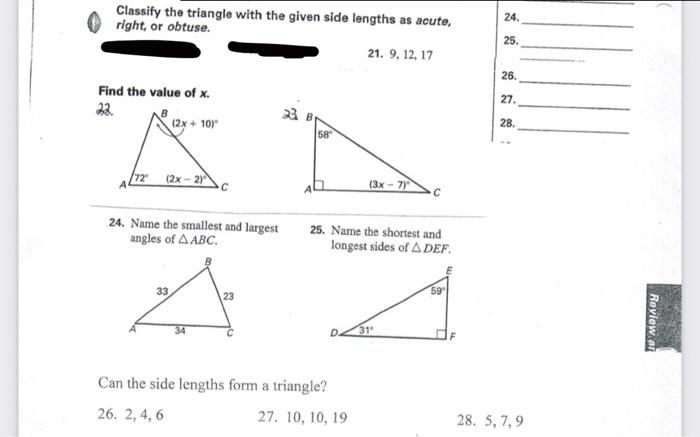 Solved 24. Classify the triangle with the given side lengths | Chegg.com