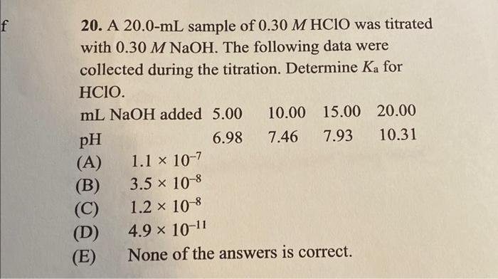 A 20.0ml sample of 0.30 M HCIO was titrated with a | Chegg.com
