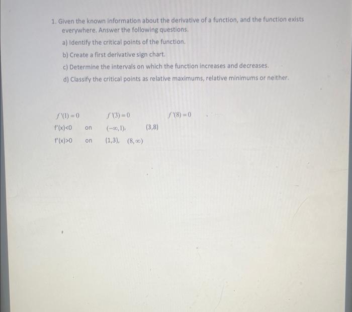 Solved 1. Given the known information about the derivative | Chegg.com