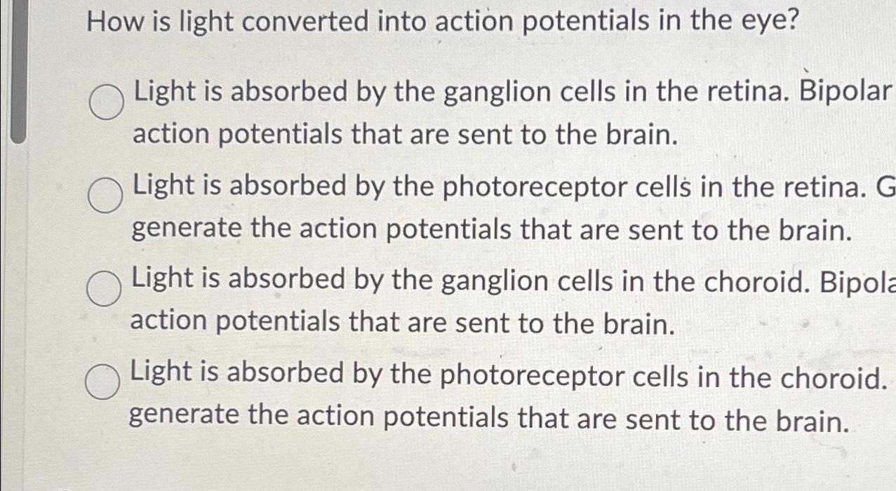 Solved How is light converted into action potentials in the | Chegg.com