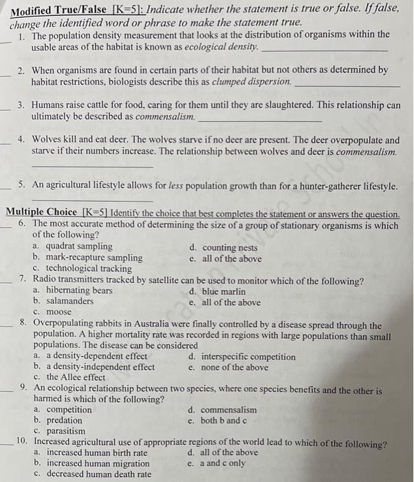 Solved Modified True/False [K=5] : Indicate whether the | Chegg.com