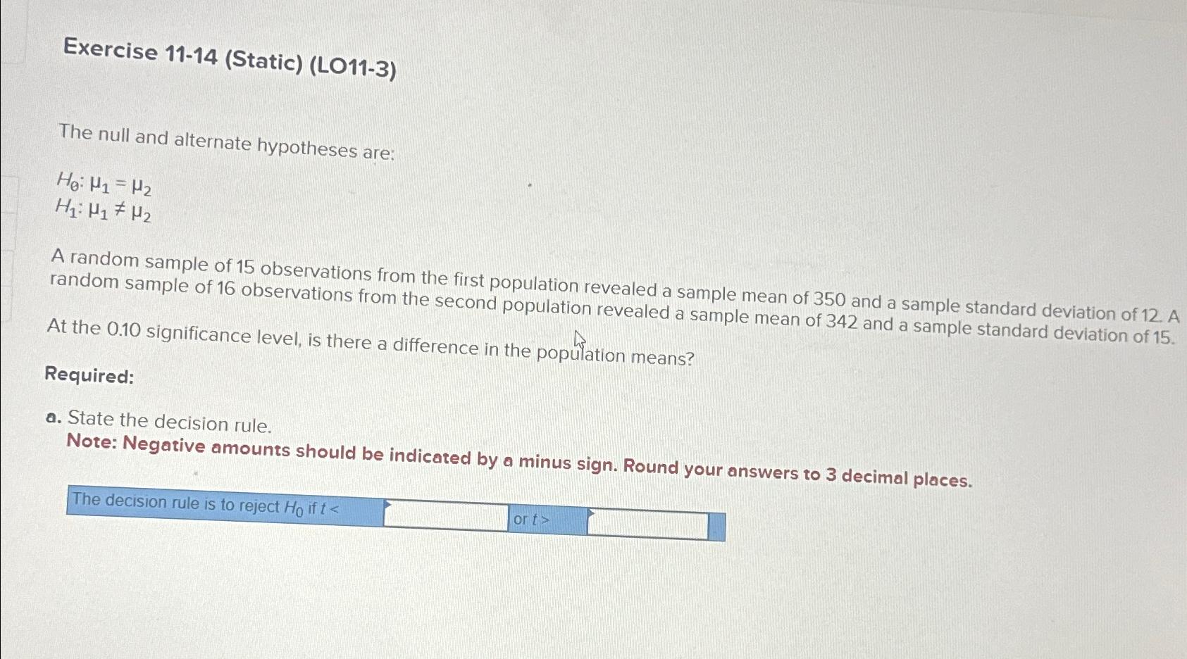 Solved Exercise 11-14 (Static) (LO11-3)The null and | Chegg.com