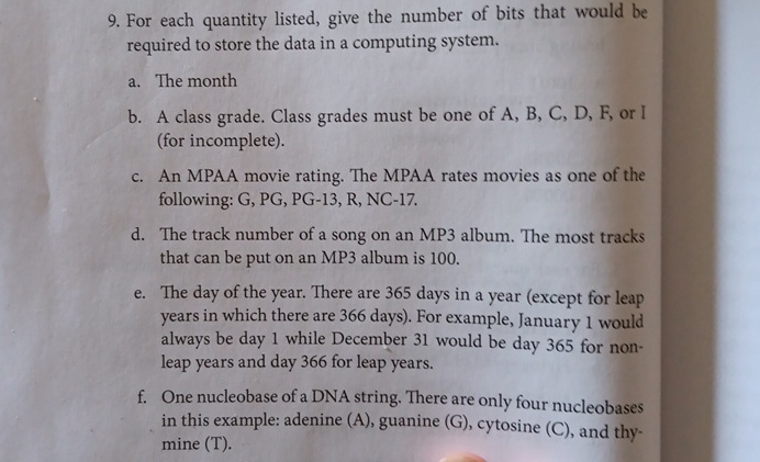 Solved For each quantity listed, give the number of bits | Chegg.com