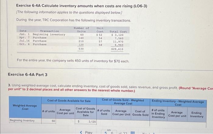Solved Exercise 6-4A Calculate inventory amounts when costs | Chegg.com