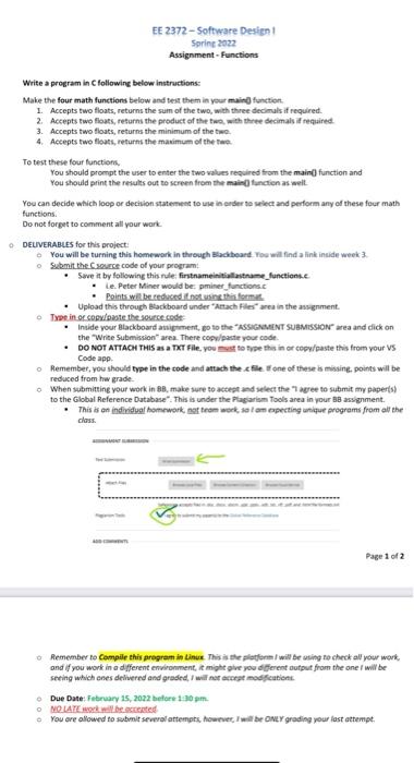 Solved EE 2372 - Software Design Sprint 2022 Assignment - | Chegg.com