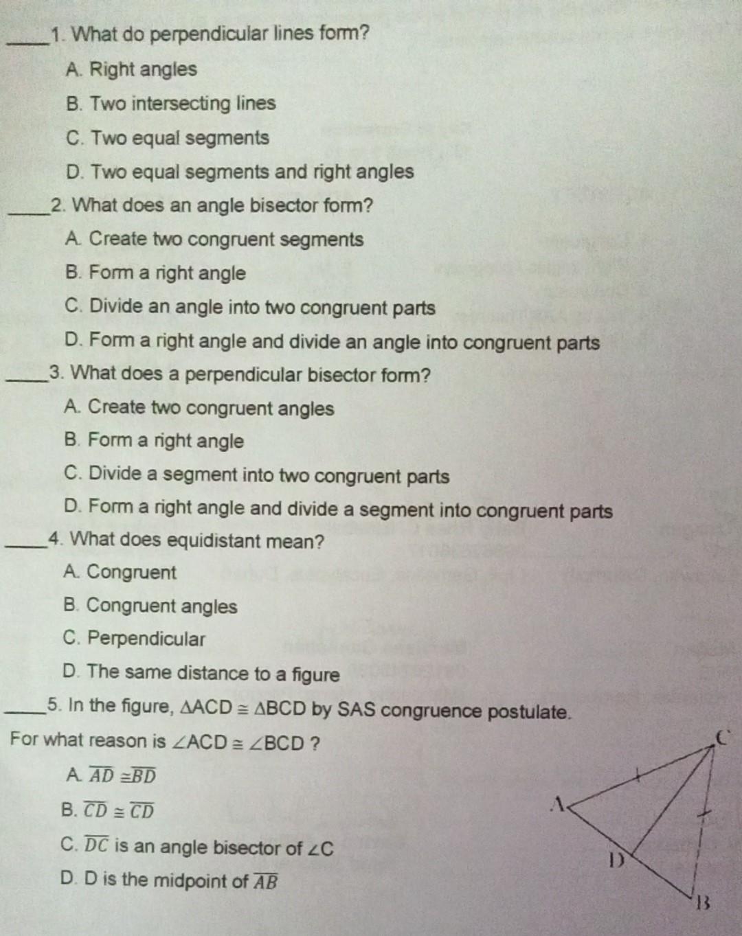 Solved 1. What do perpendicular lines form? A. Right angles | Chegg.com