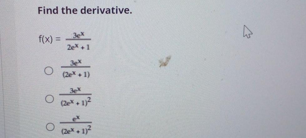 Solved Find the derivative. 2 Зех f(x) = 2eX + 1 Зех (2x + | Chegg.com
