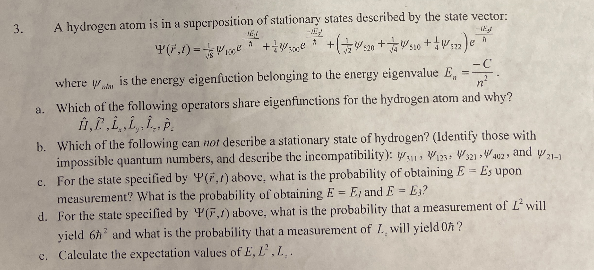 Solved A hydrogen atom is in a superposition of stationary | Chegg.com
