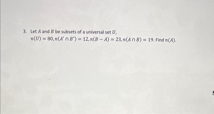 Solved 3. Let A and B be subsets of a universal set U, | Chegg.com