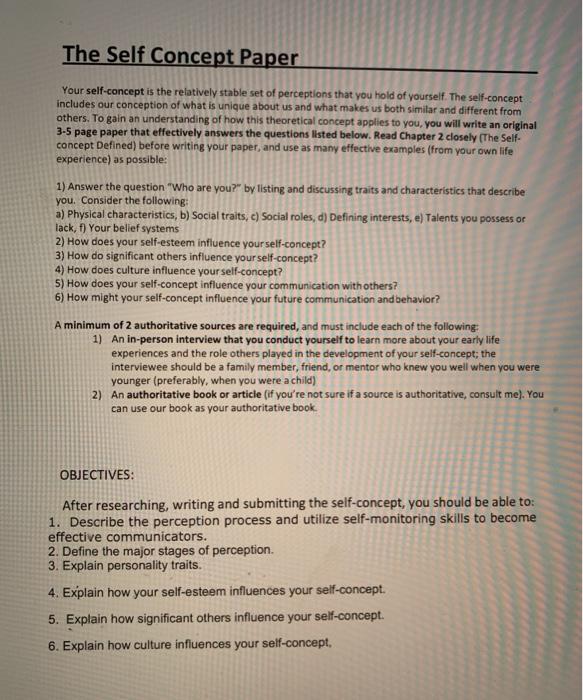 Solved The Self Concept Paper Your self-concept is the | Chegg.com